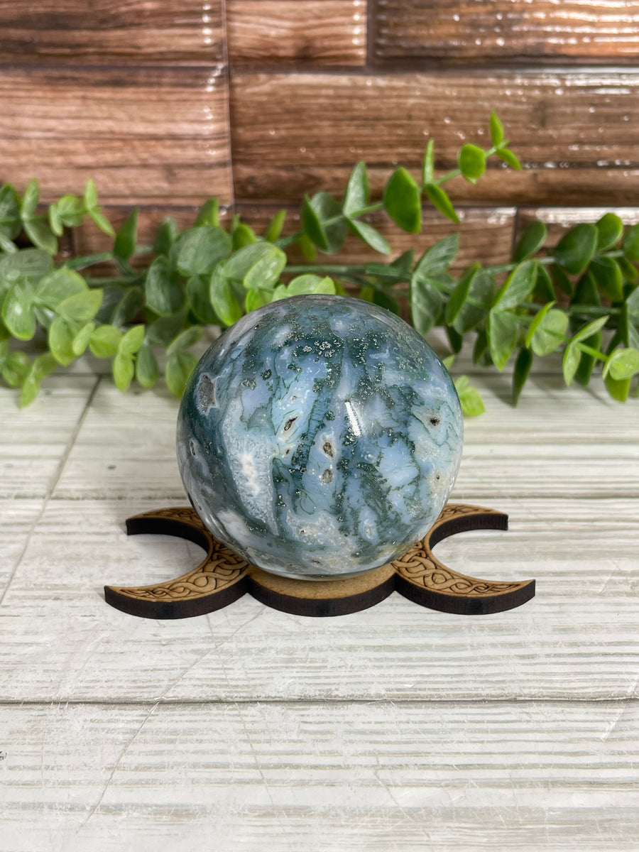 Triple Moon Goddess Wooden Sphere Stand – Buried Treasures Crystals